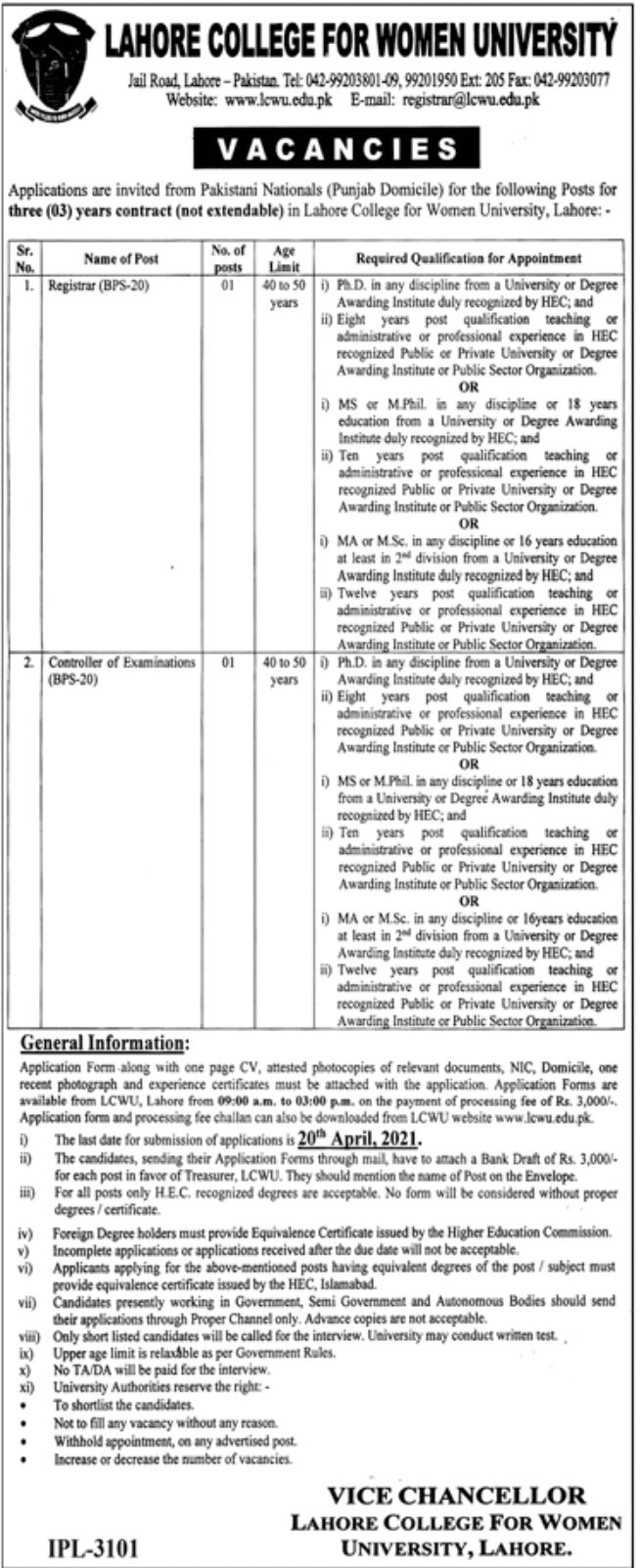 Latest PaperPk Jobs in Lahore College for Women University