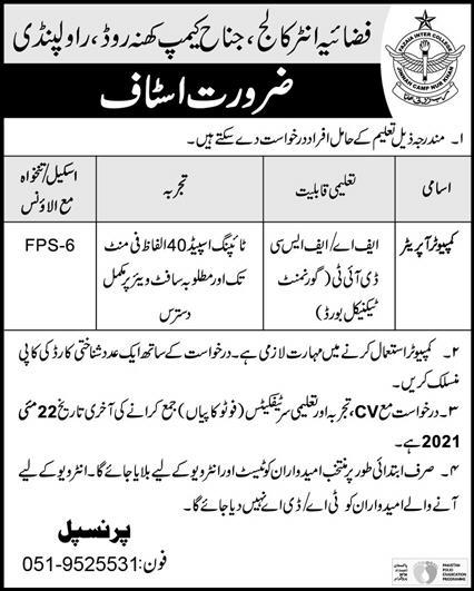 Latest PaperPk Jobs in Fazaia Inter College Rawalpindi
