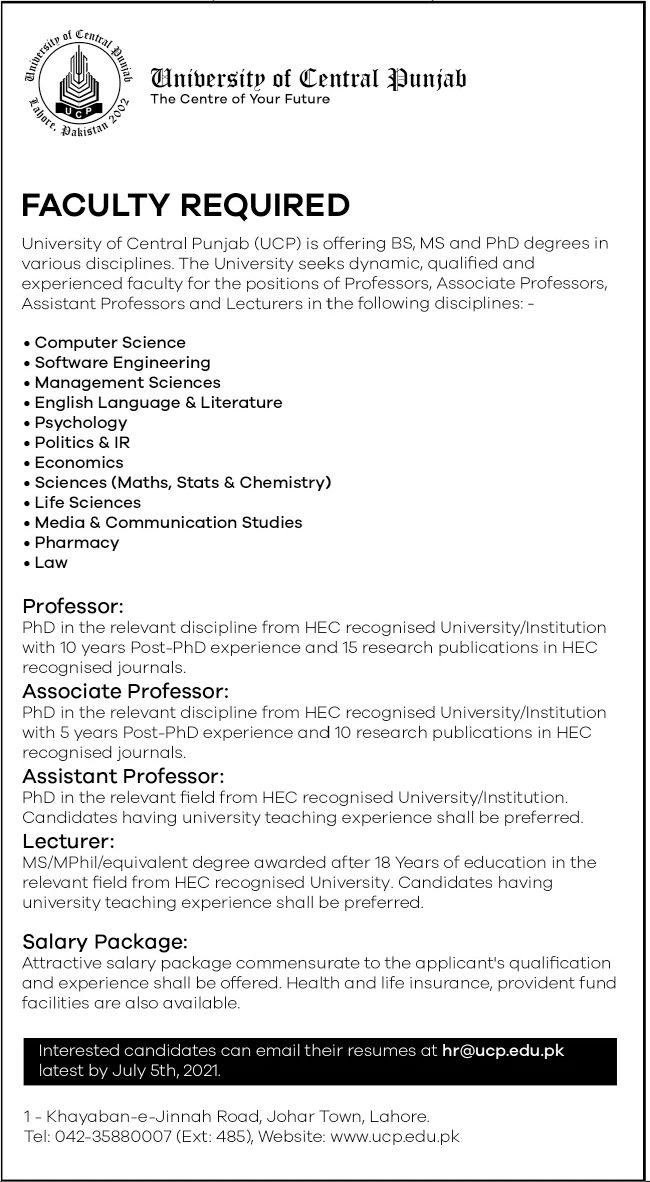 University of Central Punjab UCP Jobs June 2021