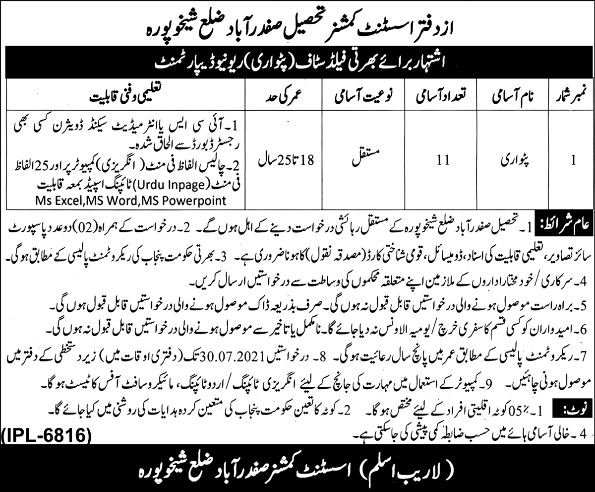 Latest PaperPk Jobs in Revenue Department Sheikhupura