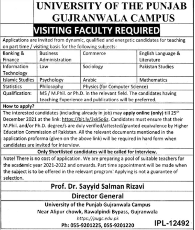 University of the Punjab Gujranwala Jobs December 2021